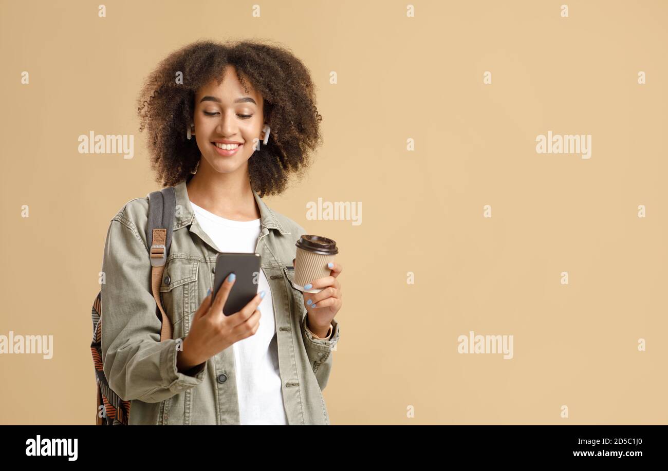 Coffee break during work after quarantine. African american young lady ...