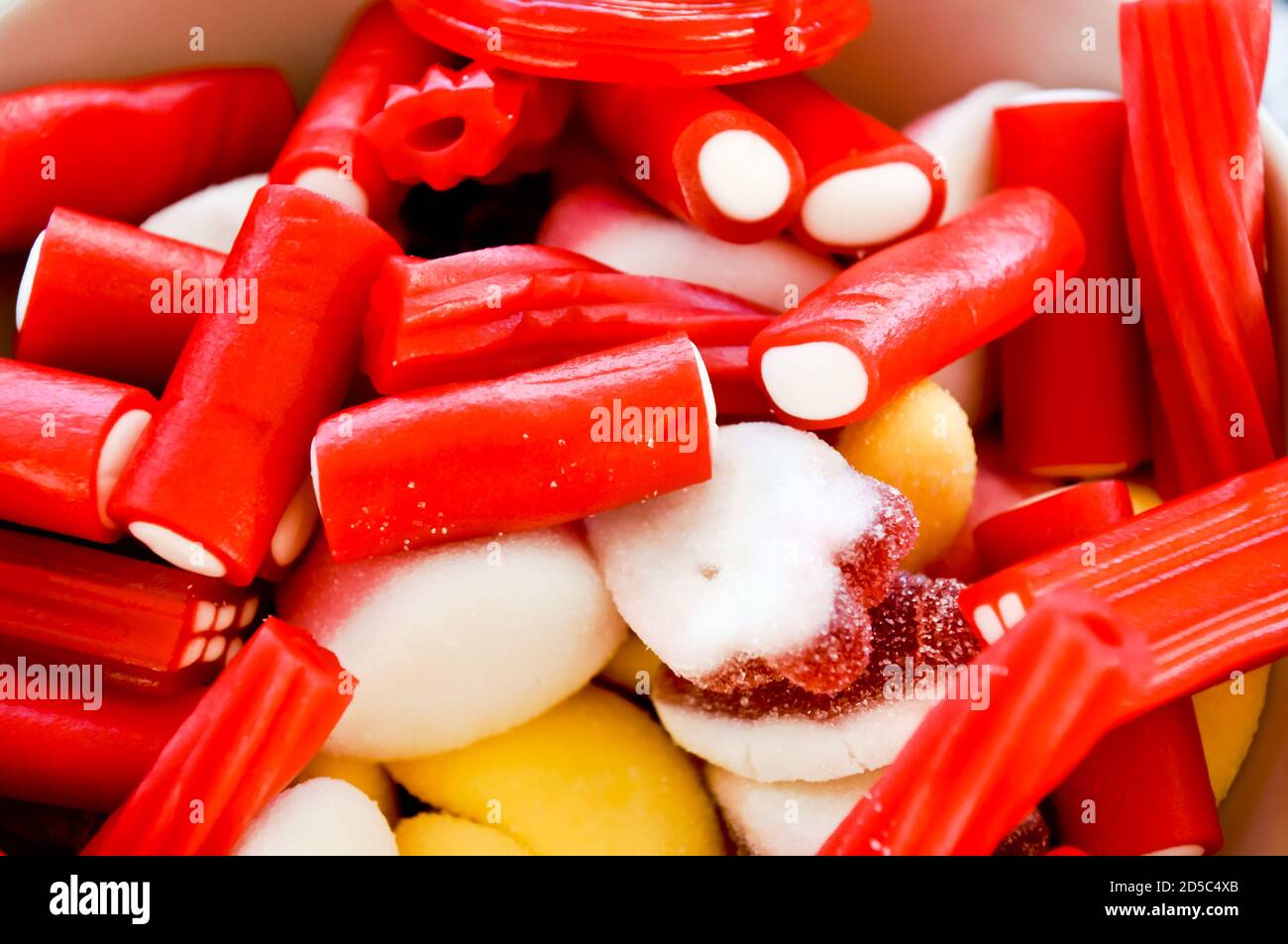 Closeup shot of red jellies with different shapes and sizes Stock Photo ...