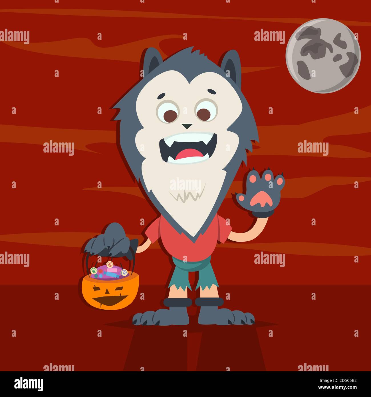 Halloween kids costume of werewolf with a basket of candy on a red ...