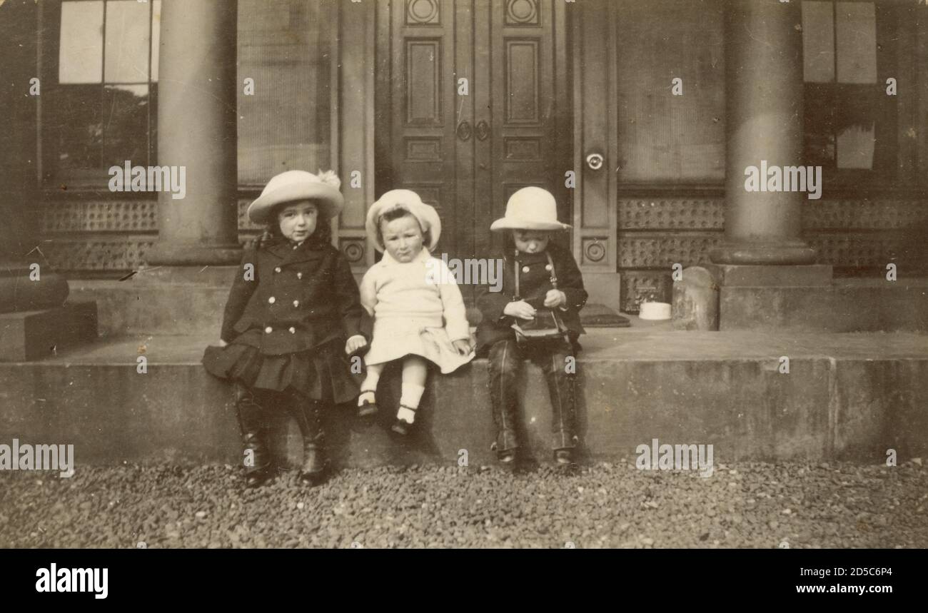 WW1 era early 1900's photograph of 3 young children wearing hats ...
