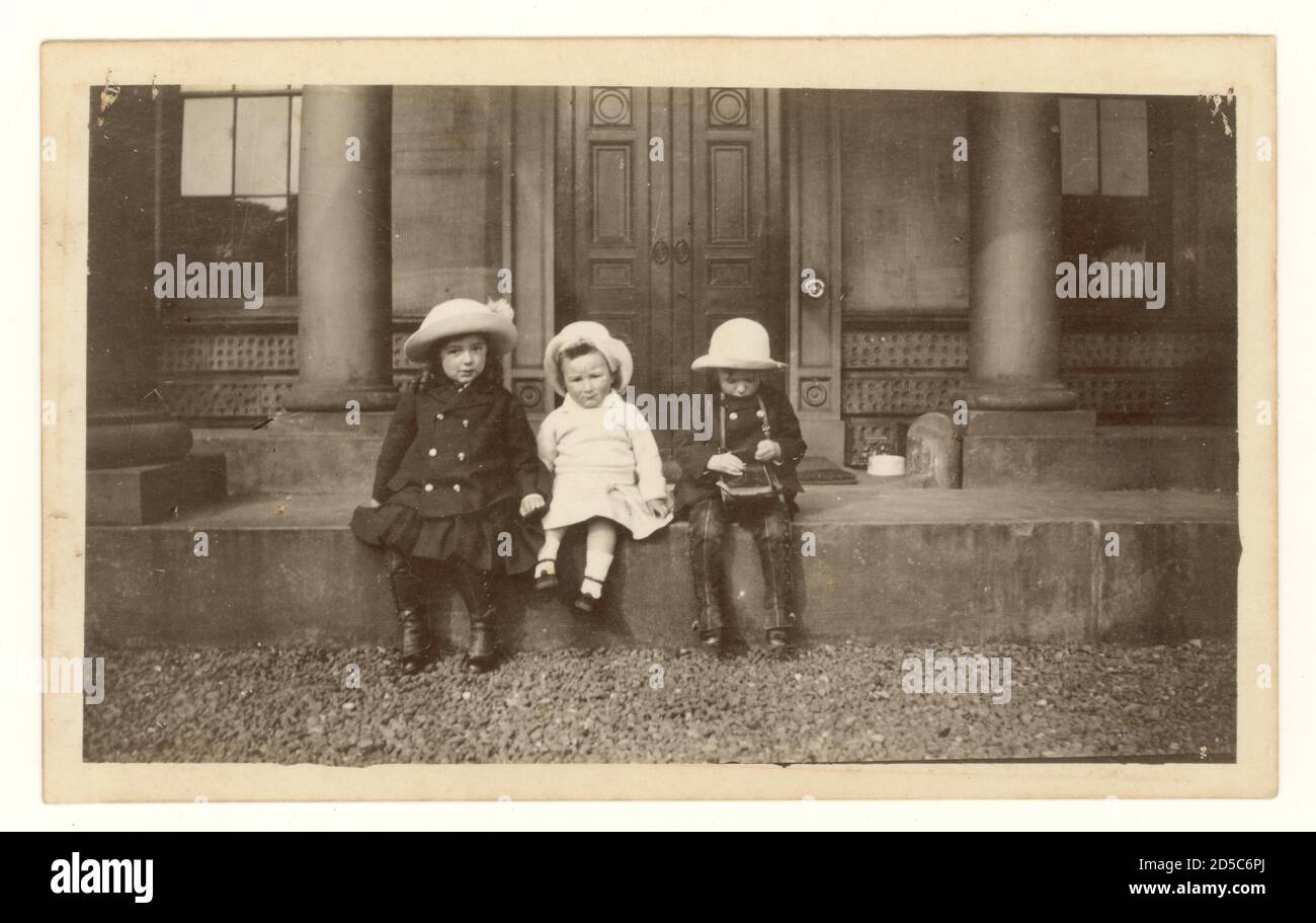 WW1 era early 1900's photograph of 3 young children wearing hats ...