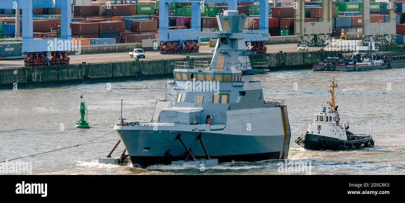 Hamburg, Germany. 13th Oct, 2020. The fore ship of the 7th boat of the corvette K130 class (also ...