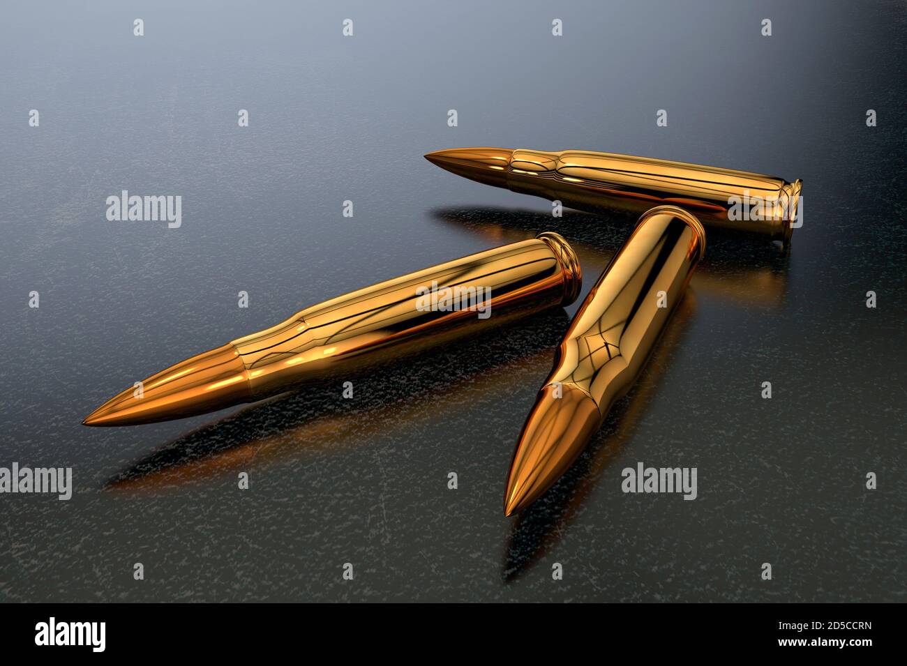 3D illustration of three large-caliber cartridges lying on a dark and ...