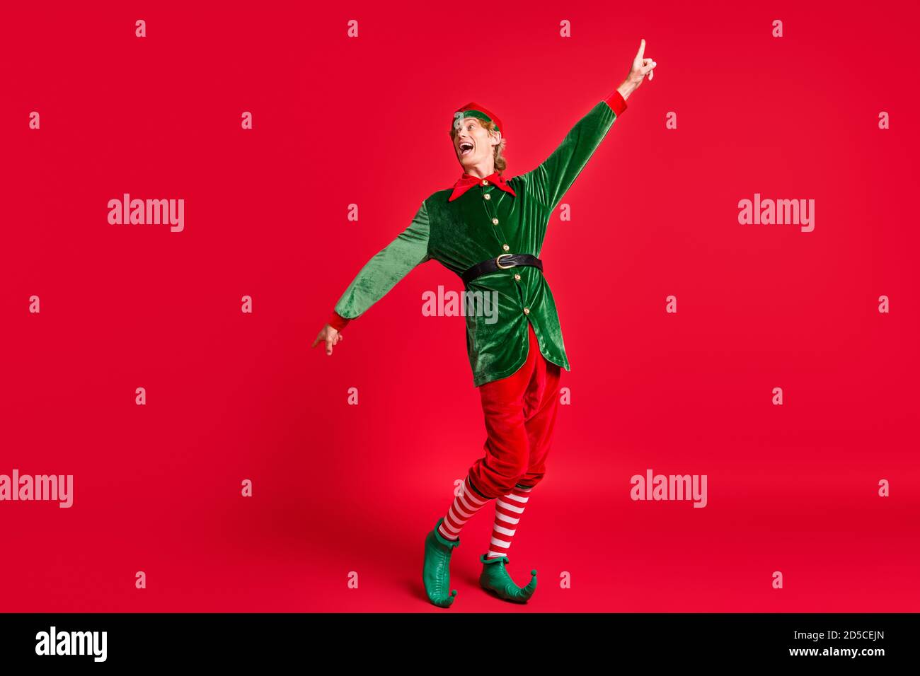 Full body photo of crazy elf dance x-mas christmas tradition party ...