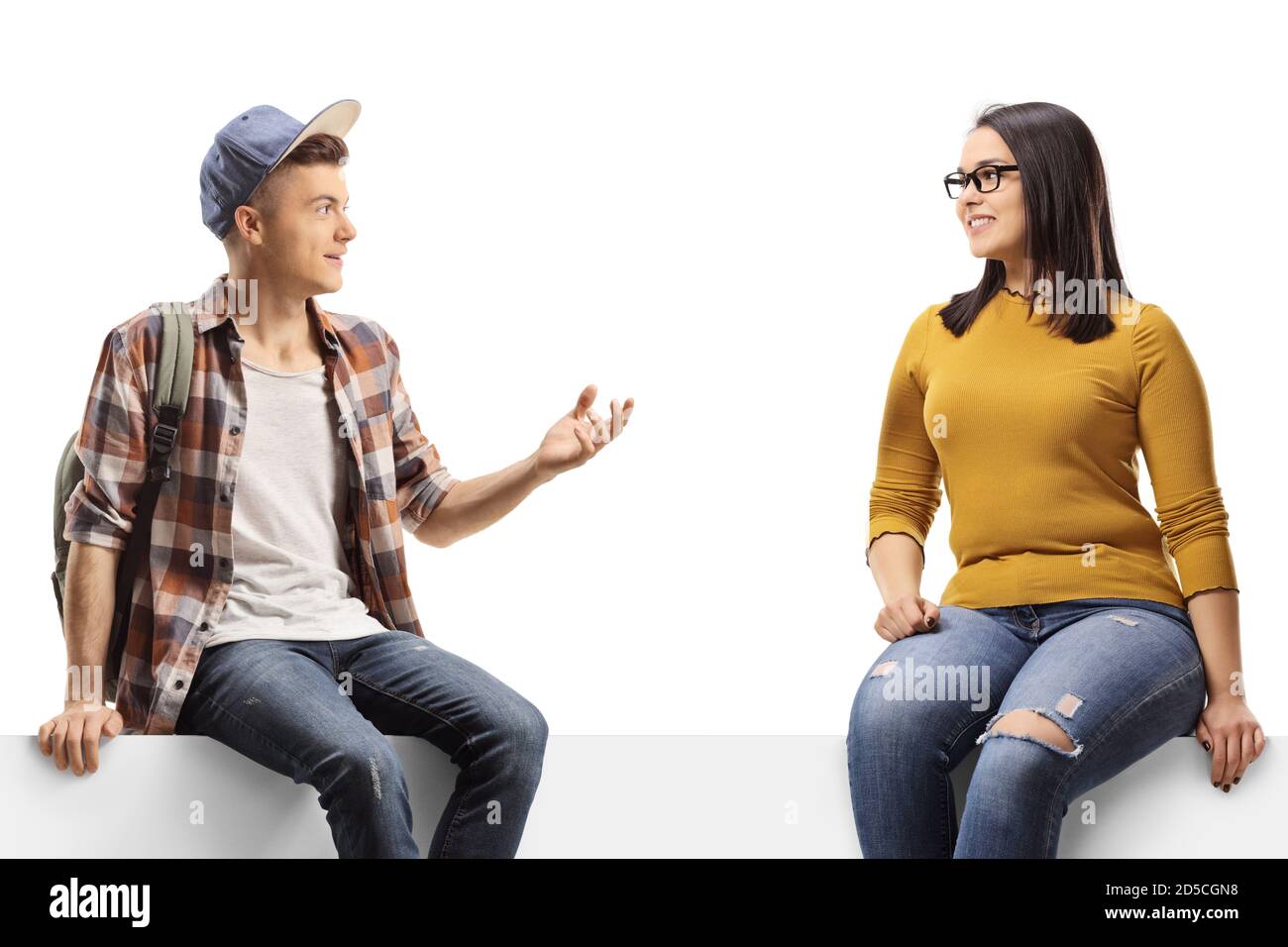 Students sitting on a panel board and talking isolated on white ...
