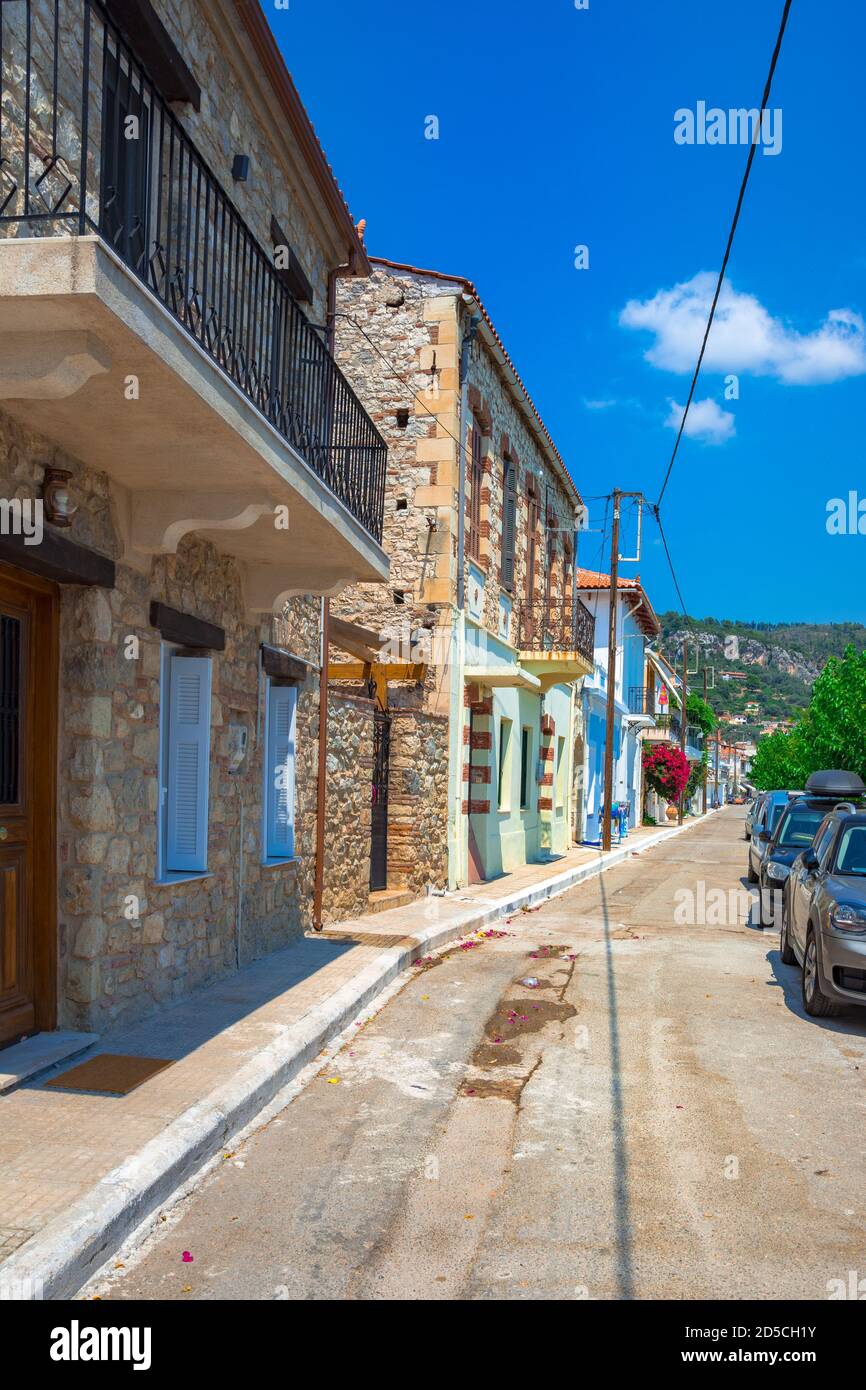 Streets of famous picturesque village Limni Evias on Euboea island ...