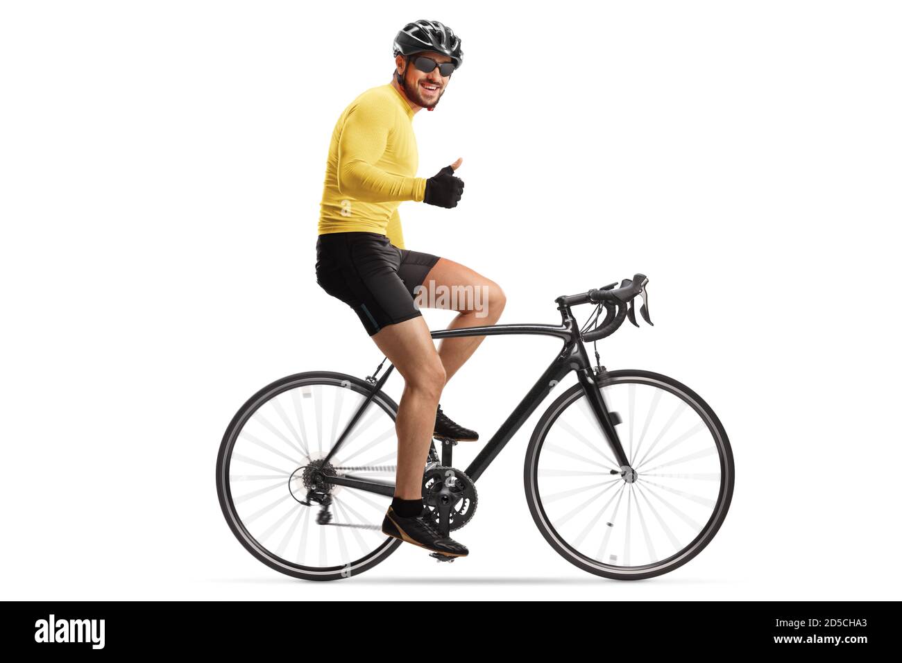 Male cyclist with a helmet riding a road bicycle and showing thumbs up ...
