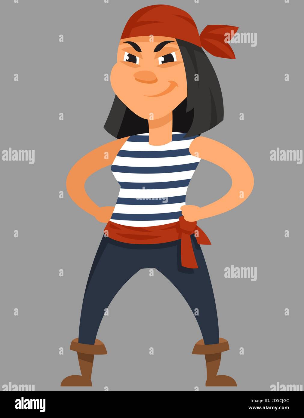Female pirate with hands on her belt. Smiling character in cartoon ...