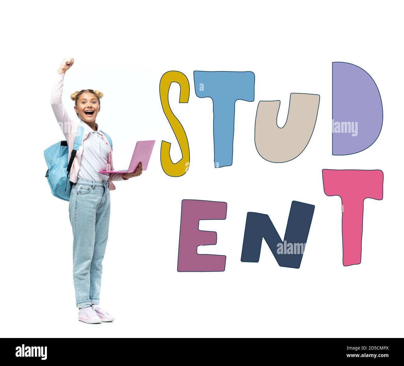 Schoolgirl with laptop and backpack showing yeah gesture near student ...