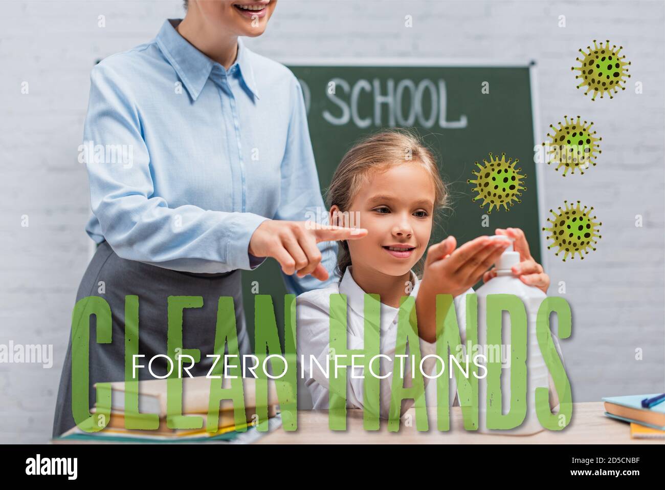 teacher pointing with finger at sanitizer near schoolgirl and clean ...