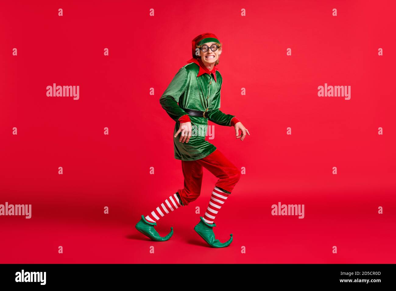 Full length profile side photo of cunning elf sneak empty space ...