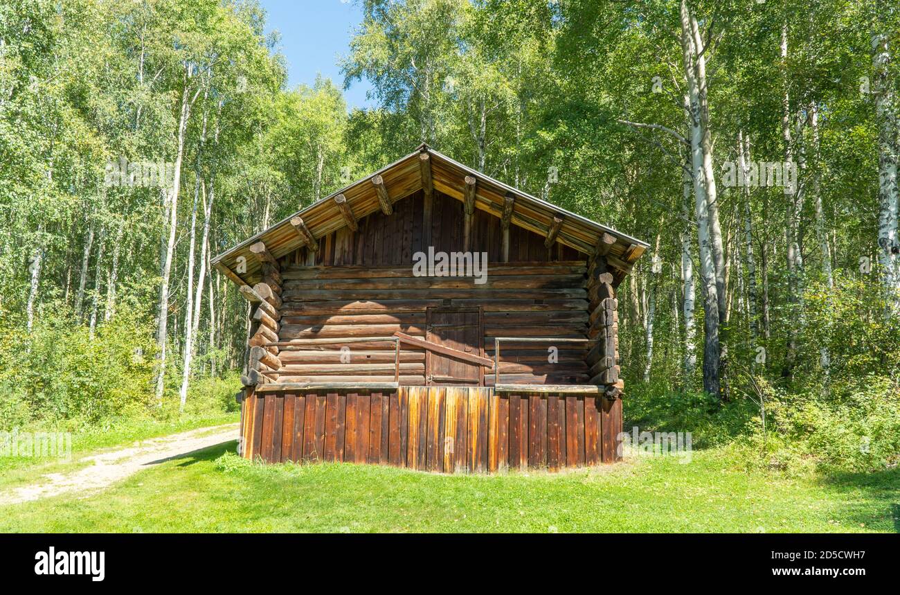 old wooden building in the forest. Russian barn. ancient, wooden ...