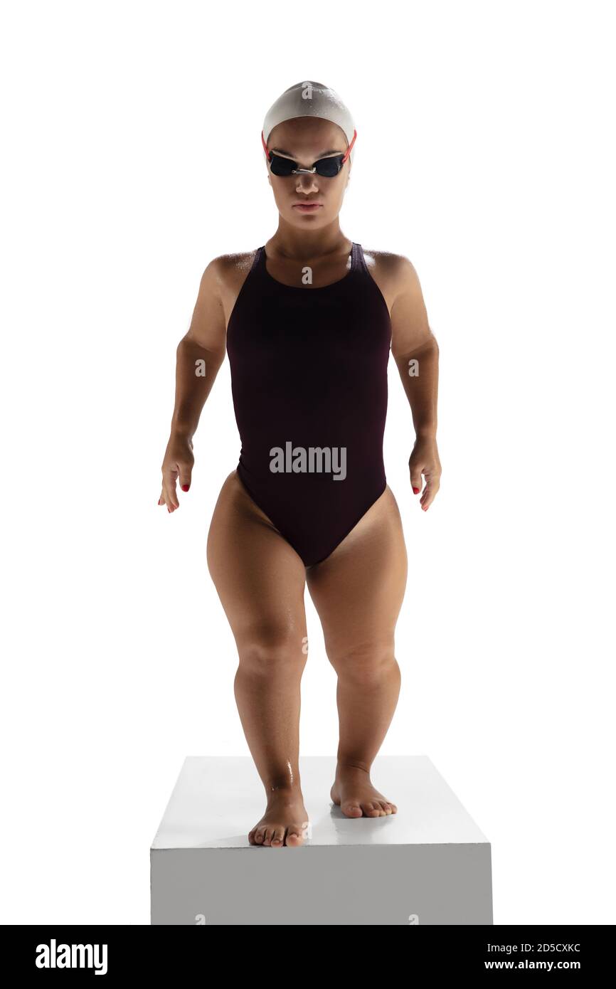 Athlete Beautiful Dwarf Woman Practicing In Swimming Isolated On White