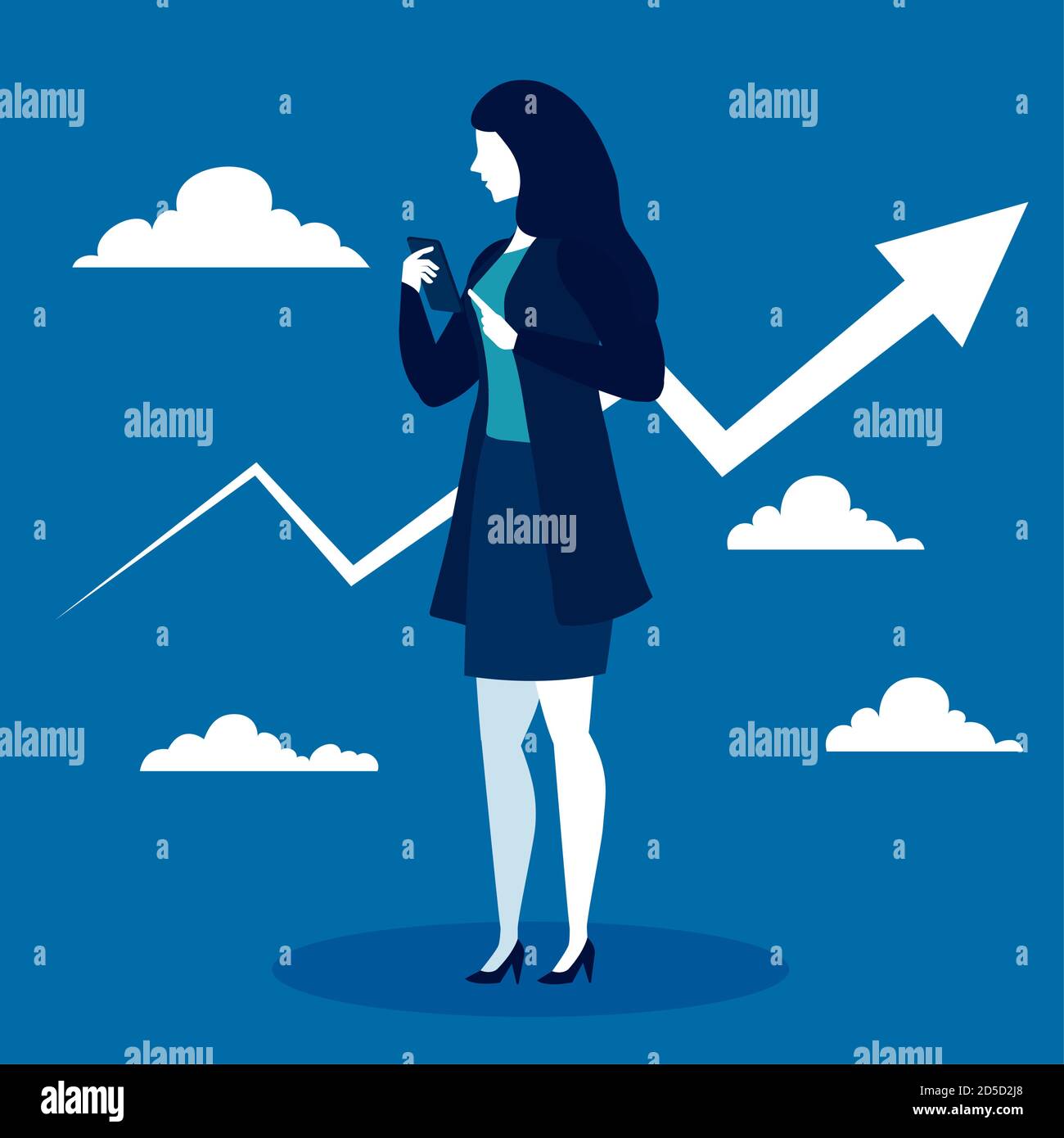 businesswoman with increase arrow and clouds on blue background vector ...