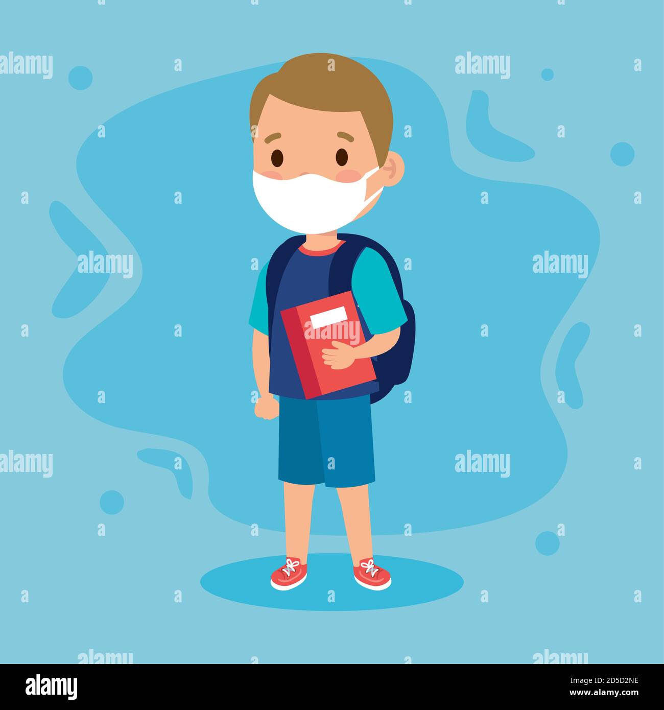New normal school of girl kid with mask bag and book vector design ...