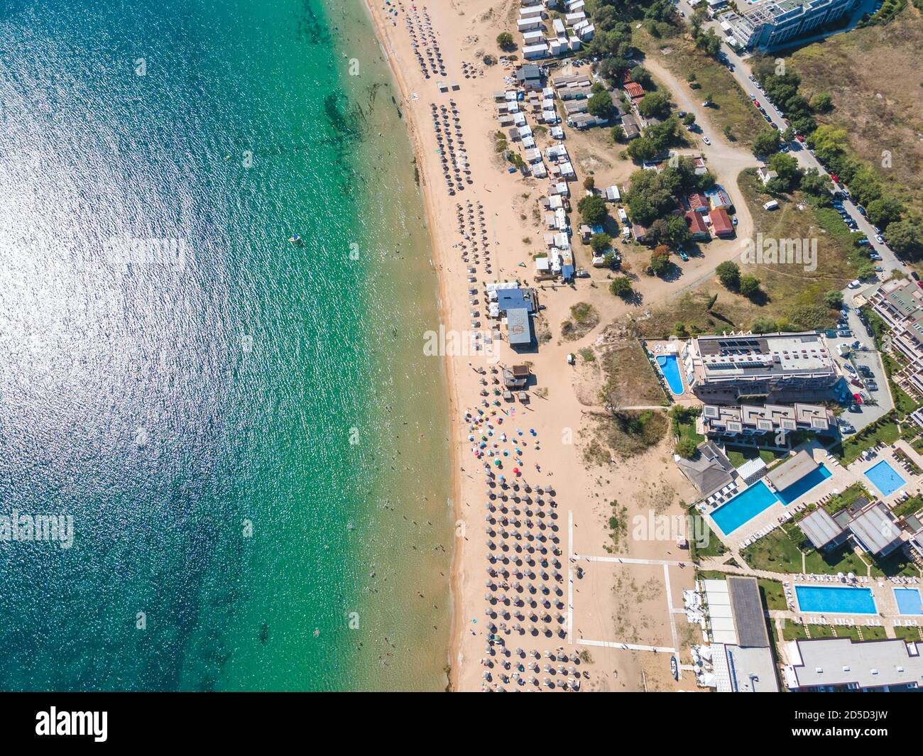 Aerial view of Gradina (Garden) Beach near town of Sozopol, Burgas ...