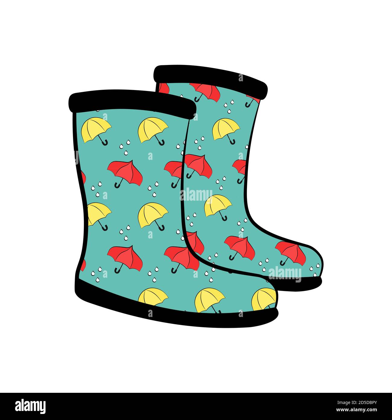 Pair of rubber boot in umbrellas and raindrops pattern on blue ...