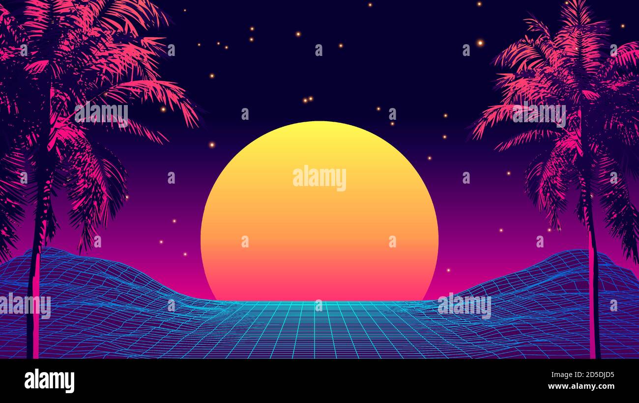 Retro 80s Style Tropical Sunset with Palm Tree Silhouette and Gradient ...
