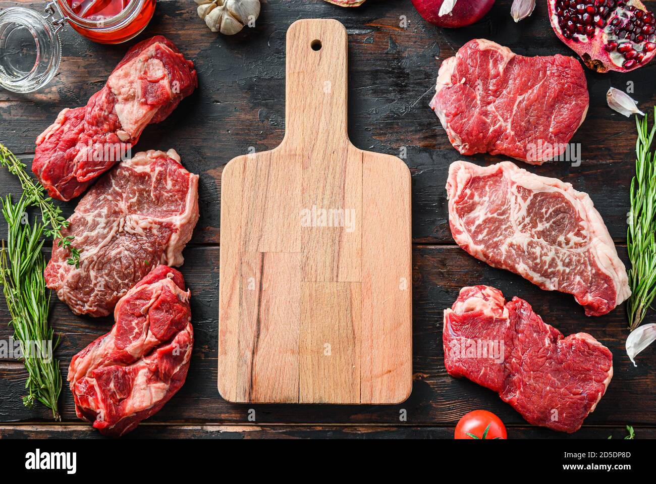 Meat beef steaks frame concept, with different steak cuts andempty ...
