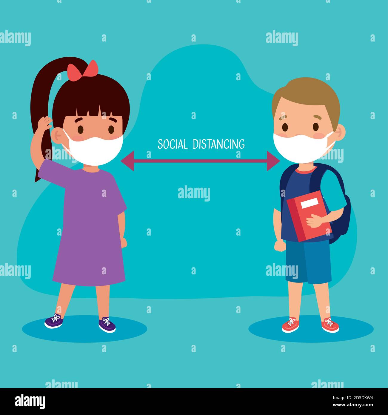 New normal school social distance between girl and boy kid with mask ...