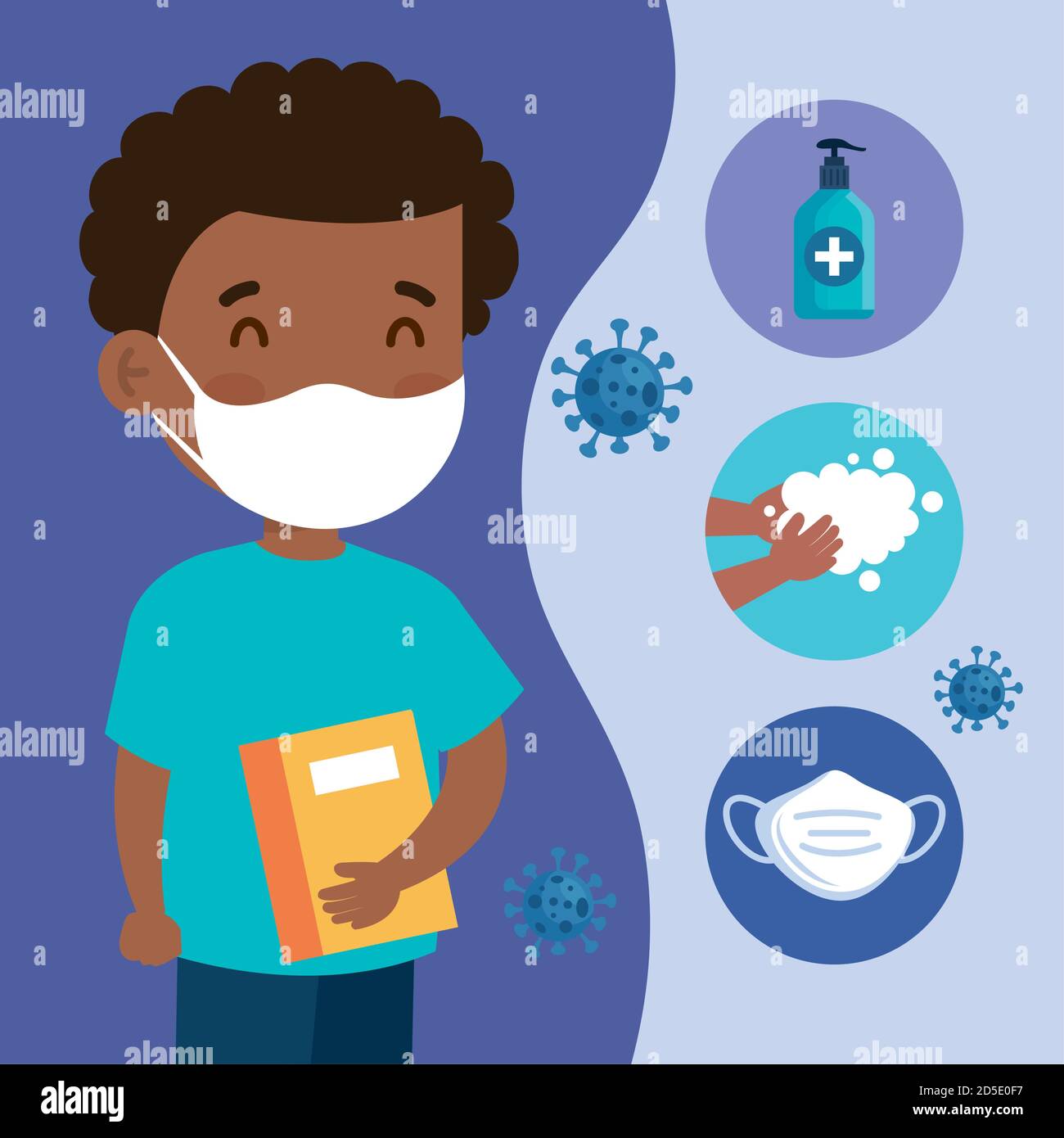 New normal school of girl kid with mask book and icon set vector design ...