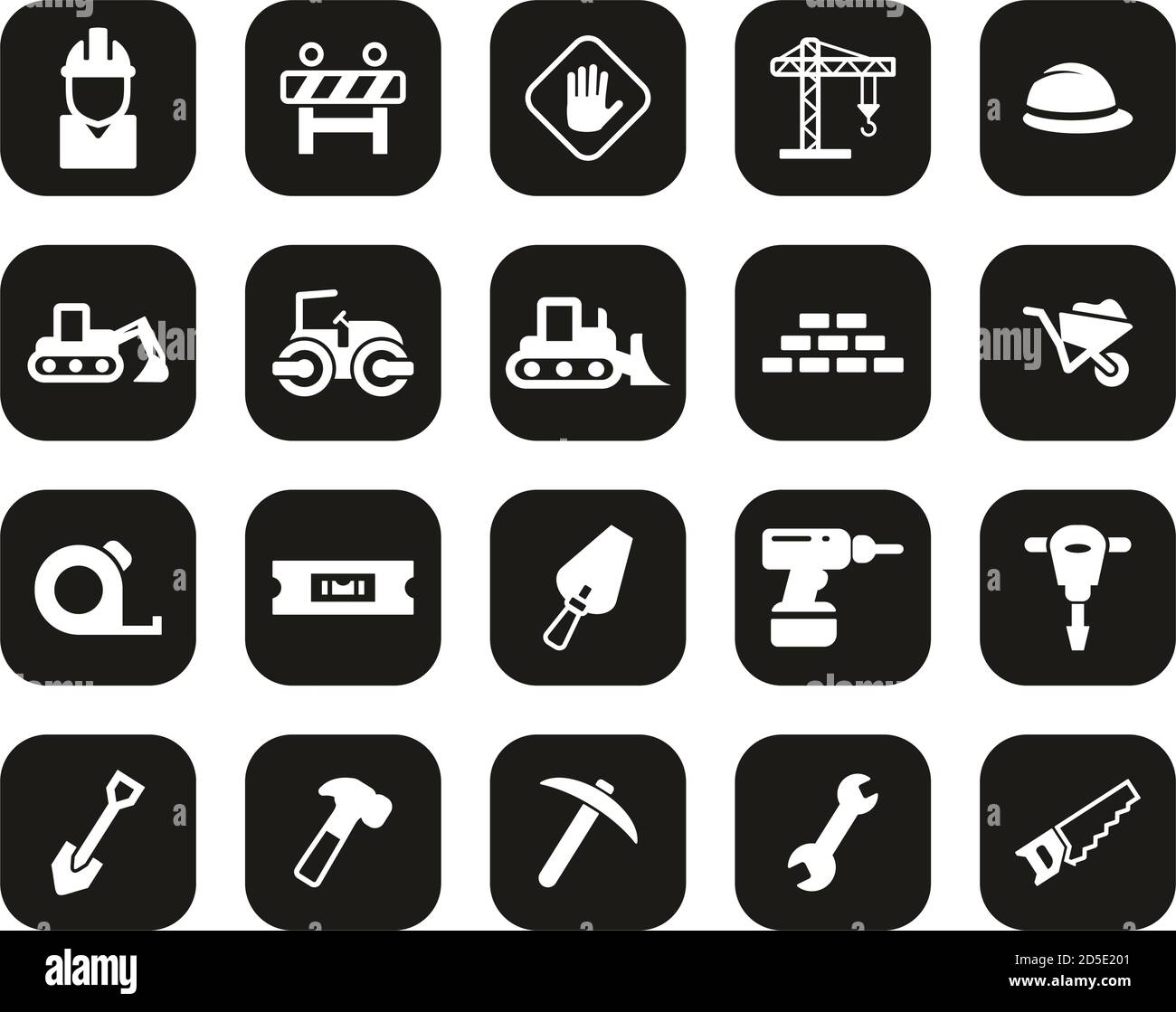 Builders Site Or Construction Site Icons White On Black Flat Deisgn Set ...