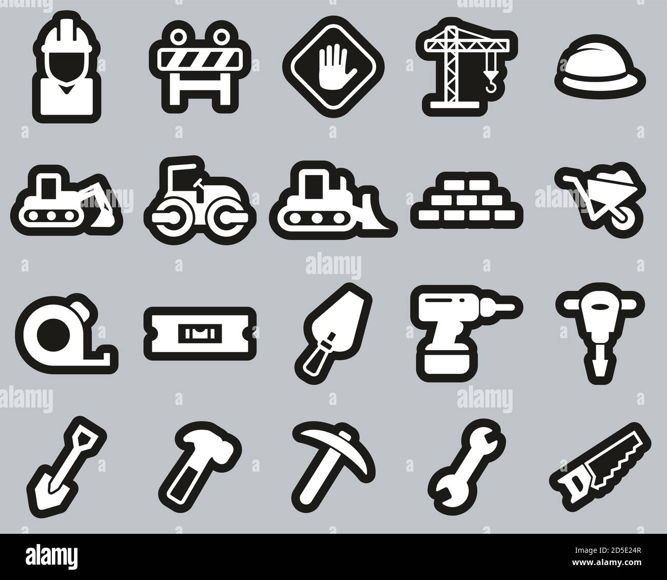 Builders Site Or Construction Site Icons White On Black Sticker Set Big ...
