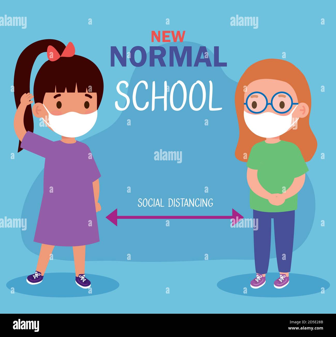 New normal school social distance between girls kids with masks vector ...