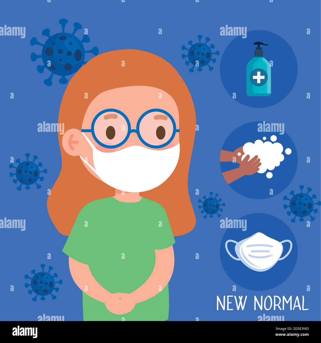 New normal school of girl kid with mask and icon set vector design ...