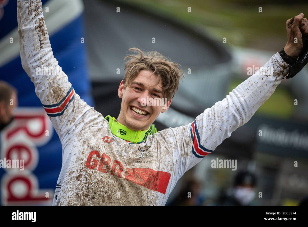 Reece Wilson of Great Britain (winner) celebrates at UCI DH Bike World ...
