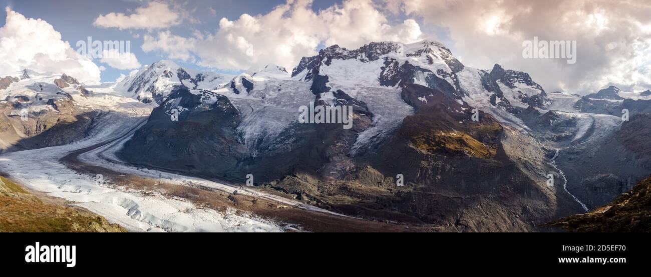 Panoramic view of the Gornergrat mountain above the Gorner glacier in ...