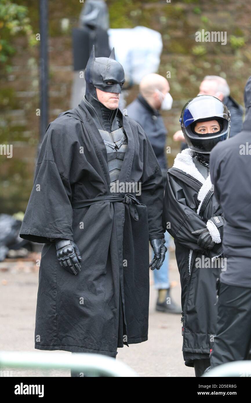 A man dressed as Batman during the filming of The Batman taking place ...