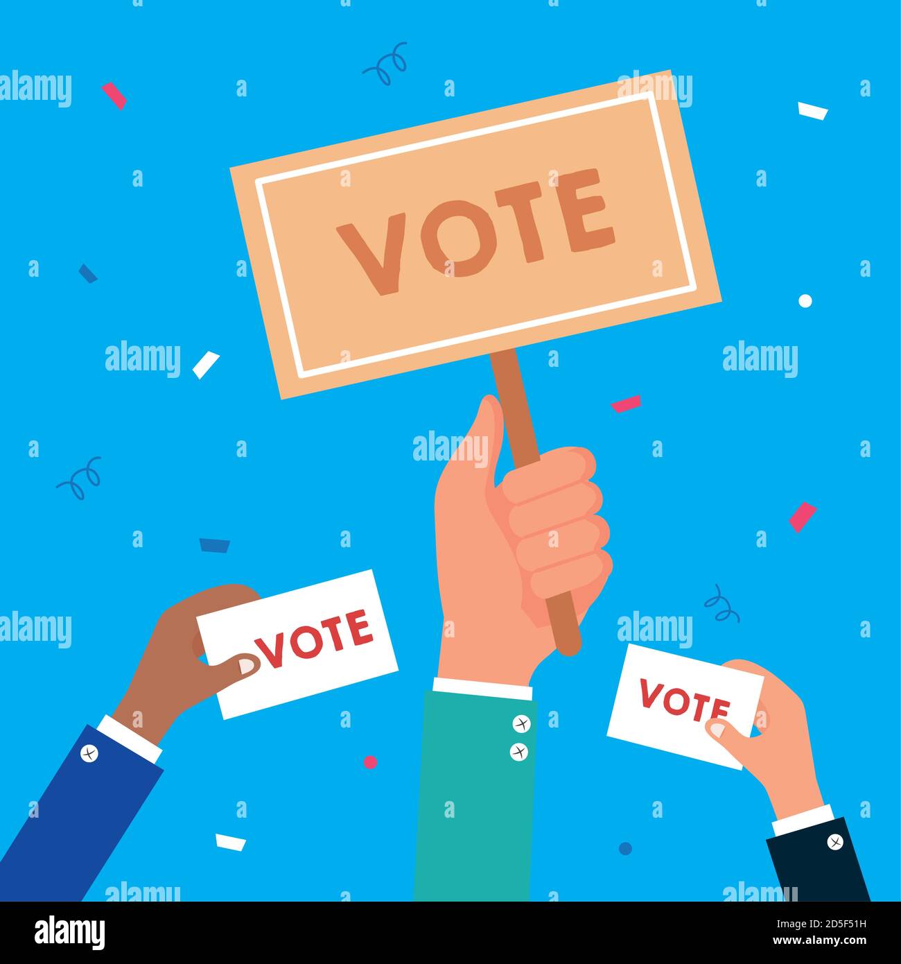 Election day hands holding vote papers and banner vector design Stock ...
