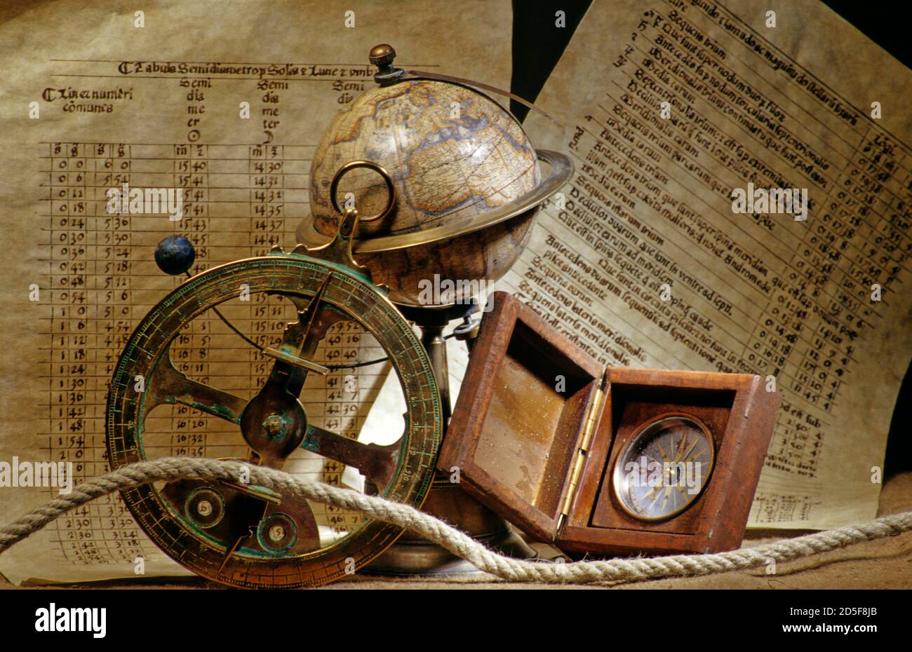 Vintage tools of navigation and cartography with an antique globe and ...