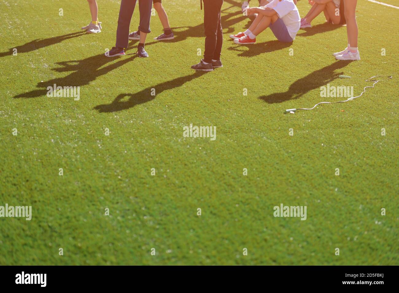 group of children sitting and standing on green soccer football field ...