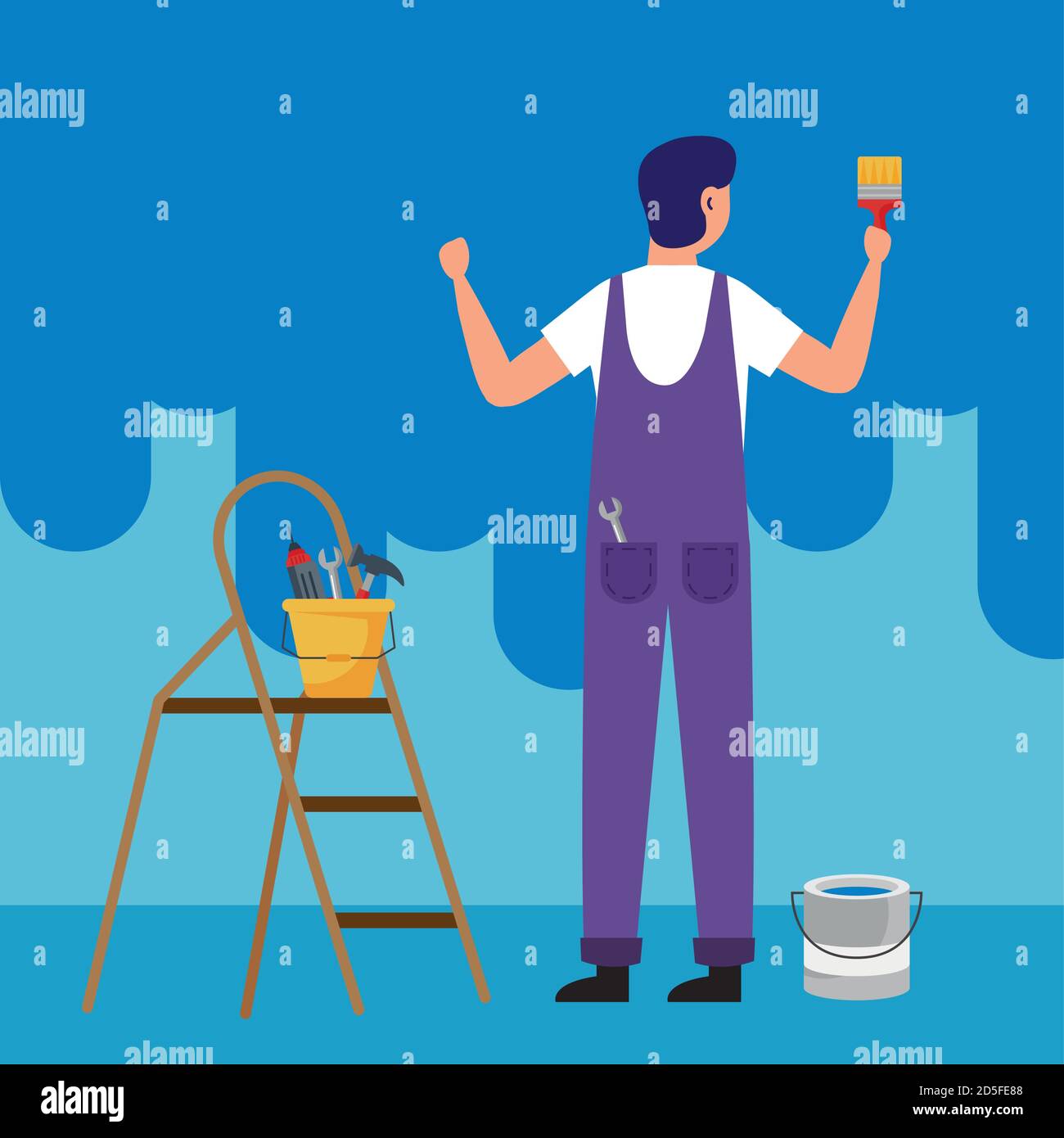 painter man with brush and tools bucket on ladder vector design Stock ...