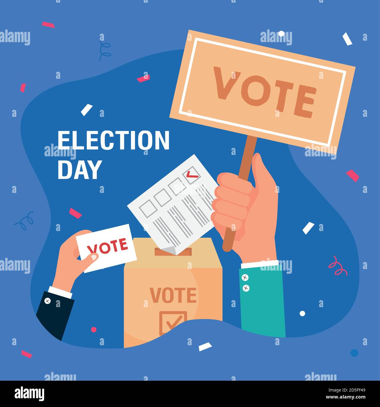 Election day hands holding vote papers banner and box vector design ...