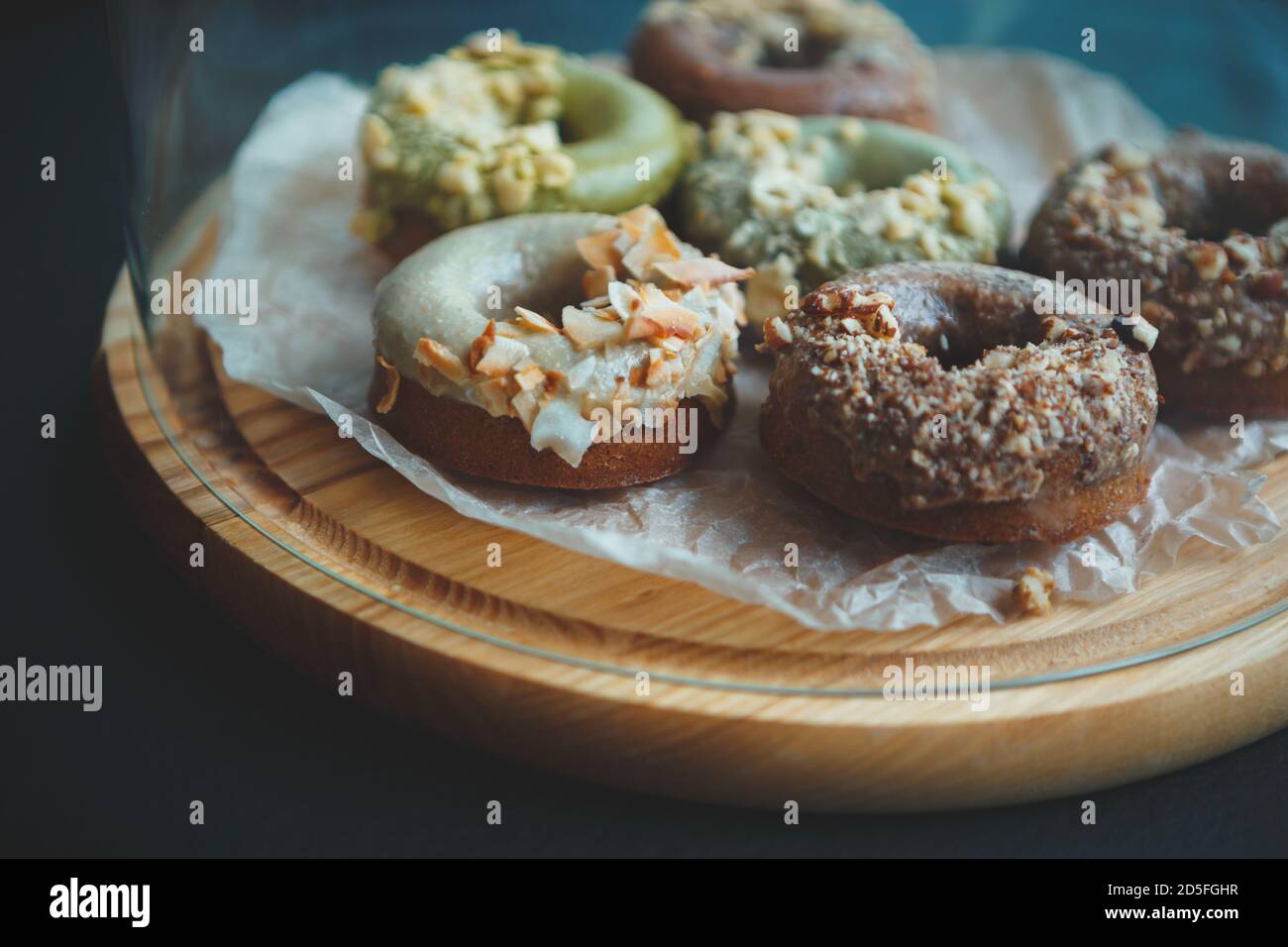 Delicious donuts in cafe.Doughnuts baked in pastry shop for lunch meal ...