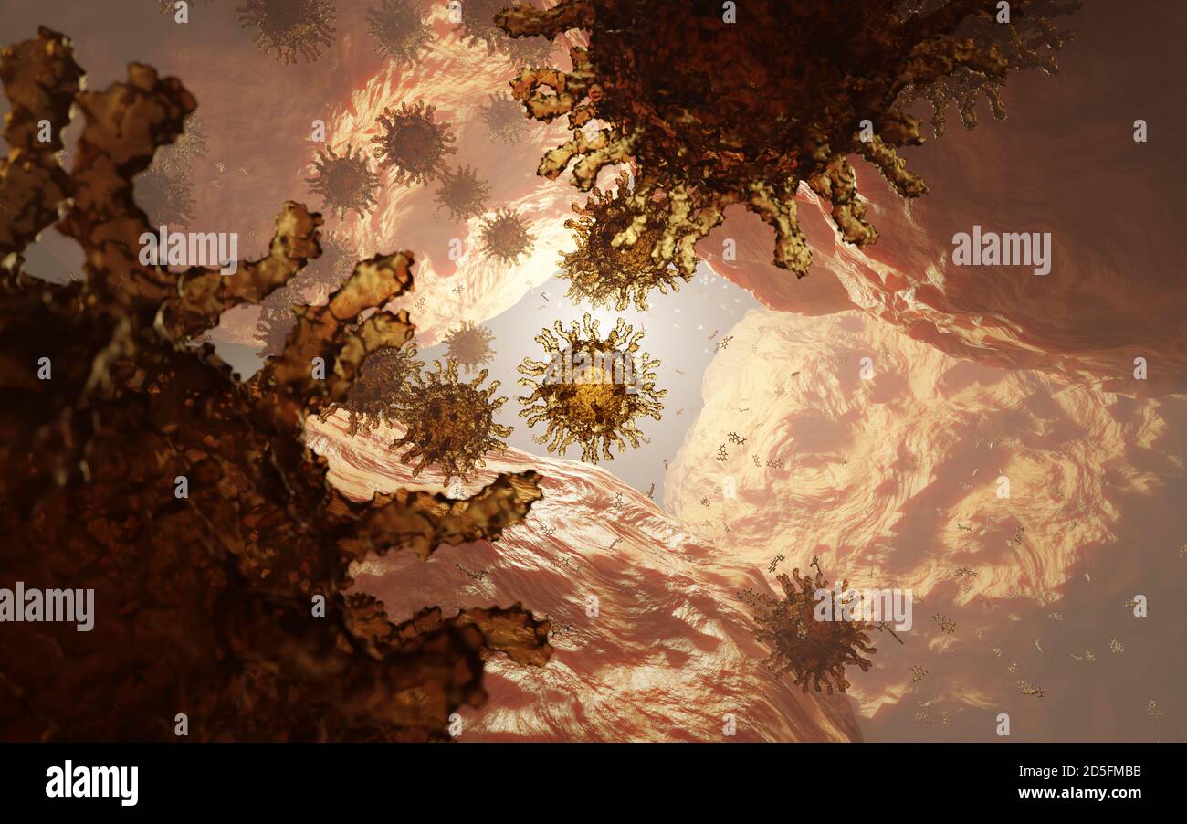 Poliovirus with receptors (spikes) around cells. An infectious disease ...