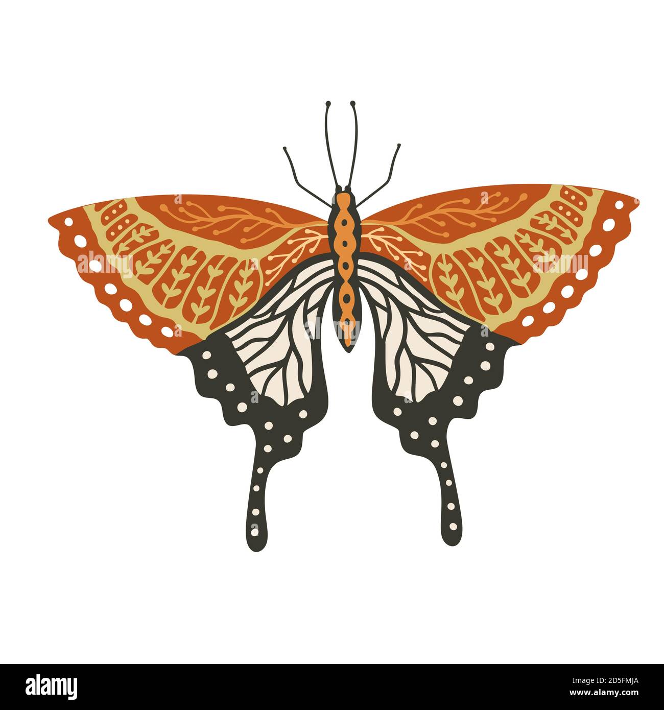Boho vector art design with bohemian butterfly. Isolated insect icon ...