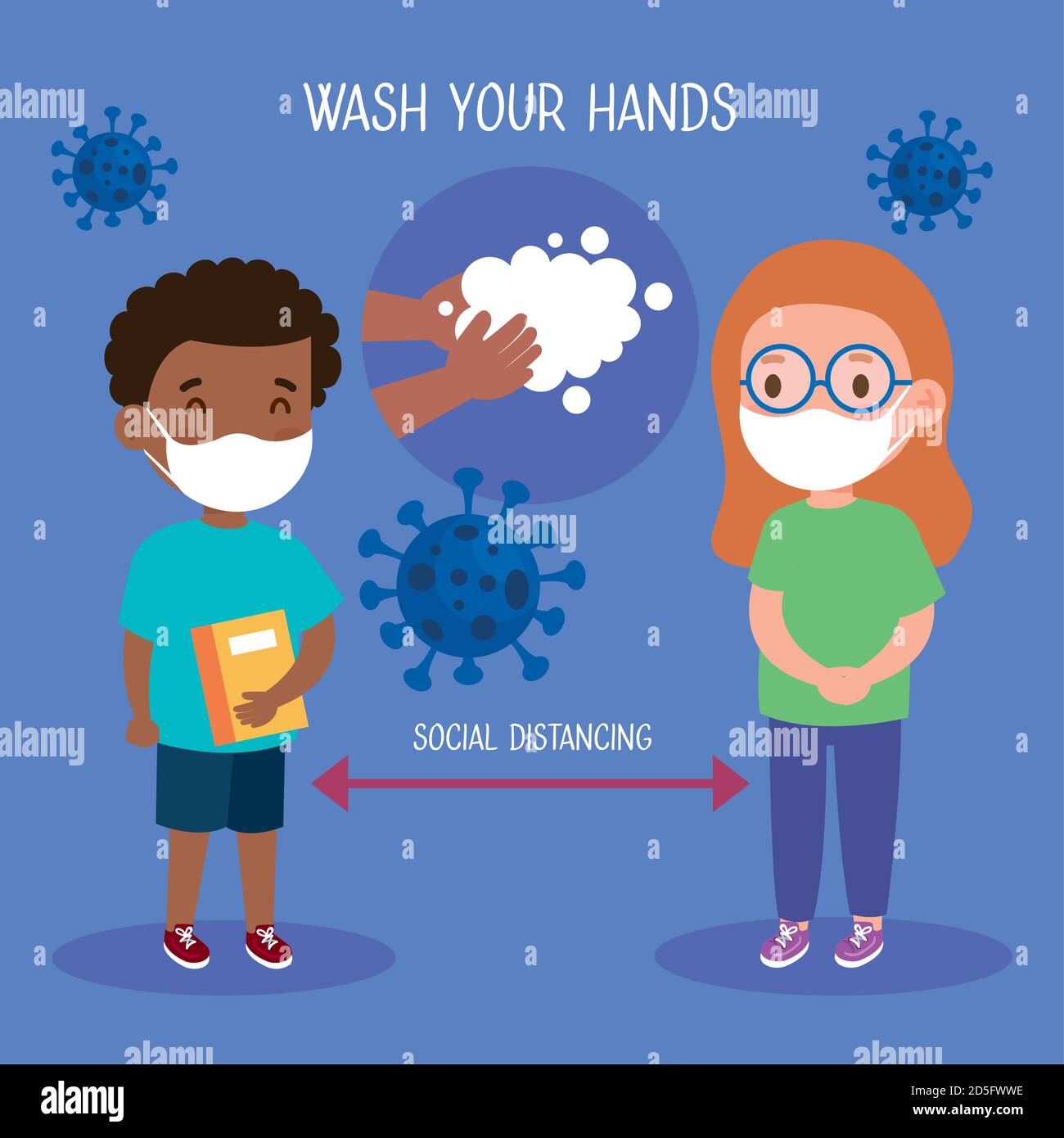 New normal school social distance between girl and boy kid with mask ...