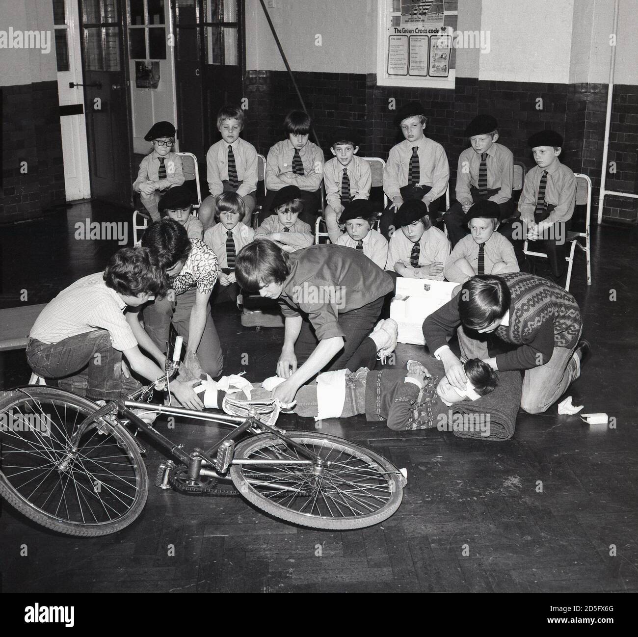 1971, young schoolboys sitting in a hall watching a demonstration by ...