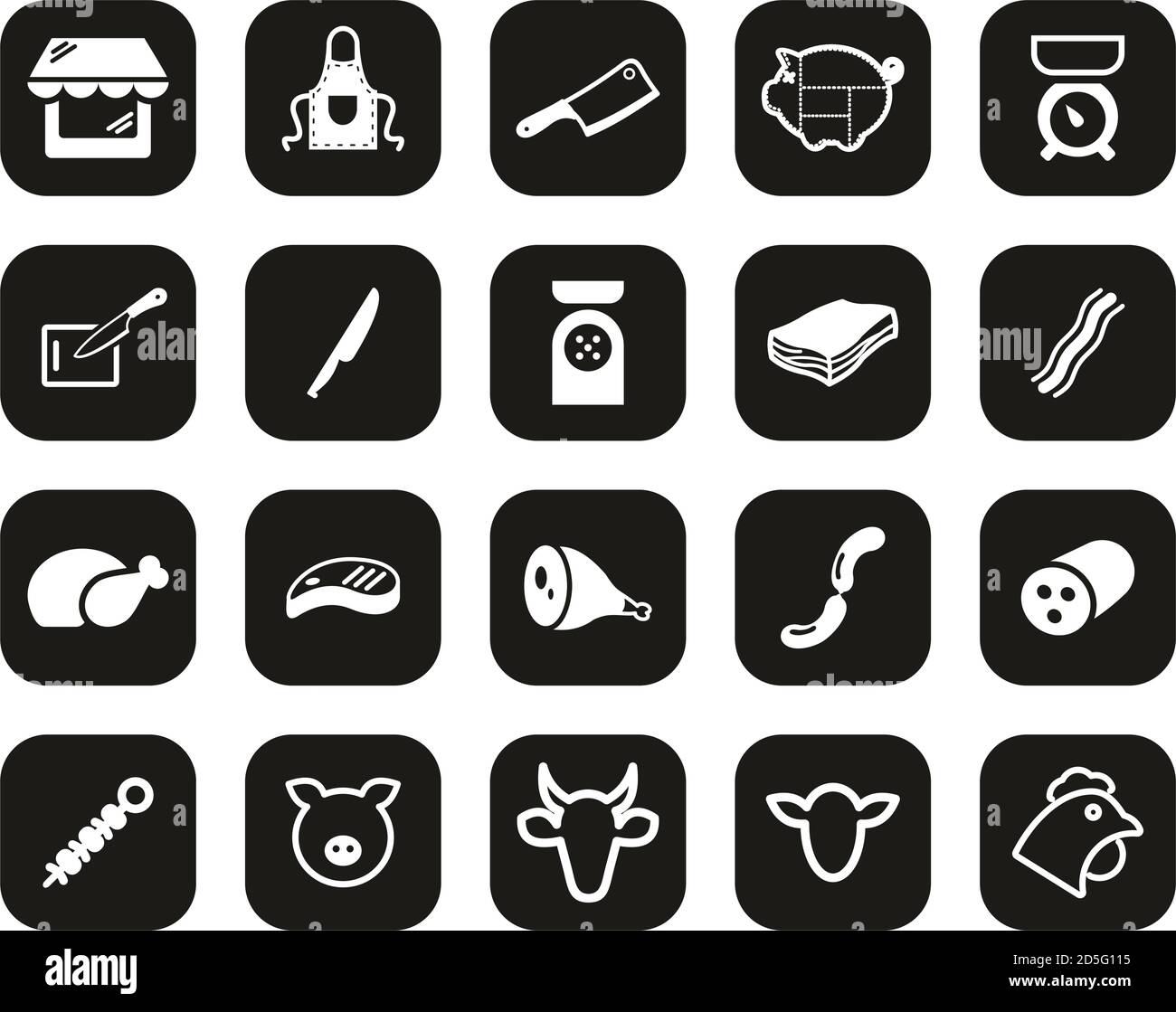 Butcher Or Butcher Shop Icons White On Black Flat Design Set Big Stock ...