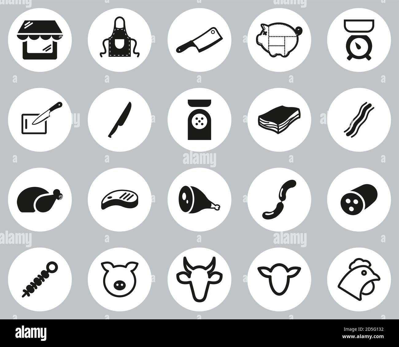 Butcher Or Butcher Shop Icons Black & White Flat Design Circle Set Big ...