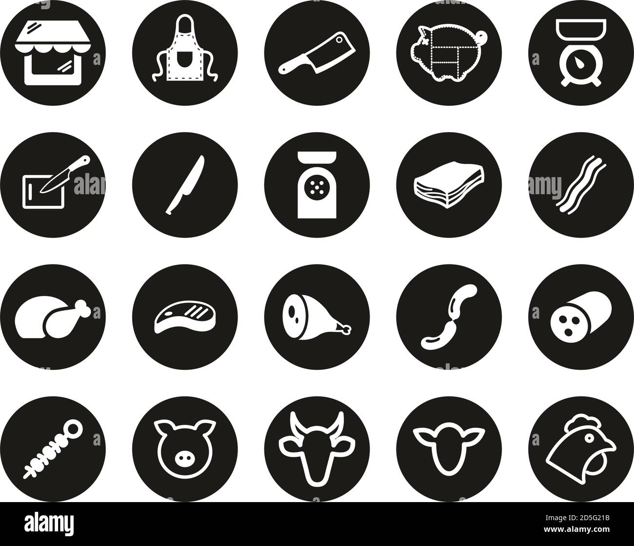 Butcher Or Butcher Shop Icons White On Black Flat Design Circle Set Big ...
