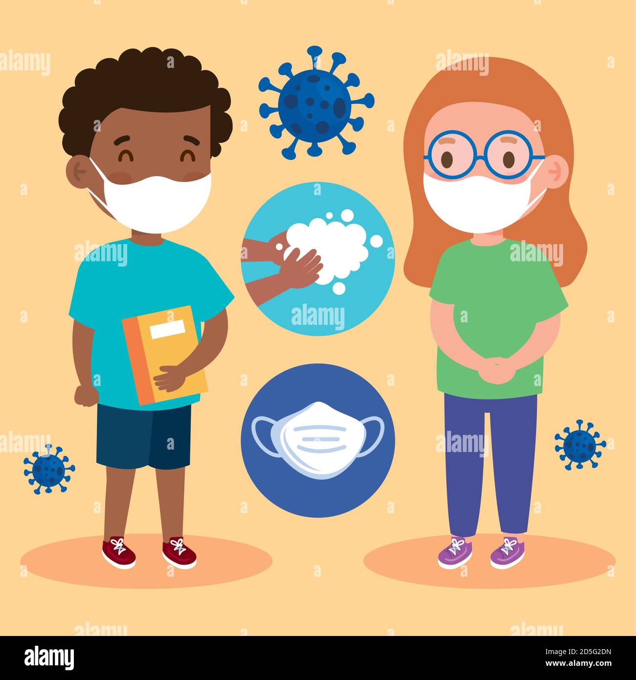 New normal school of girl and boy kid with mask vector design Stock ...
