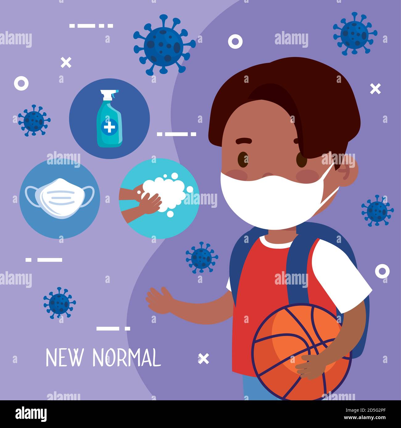 New normal school of girl kid with mask and icon set vector design ...