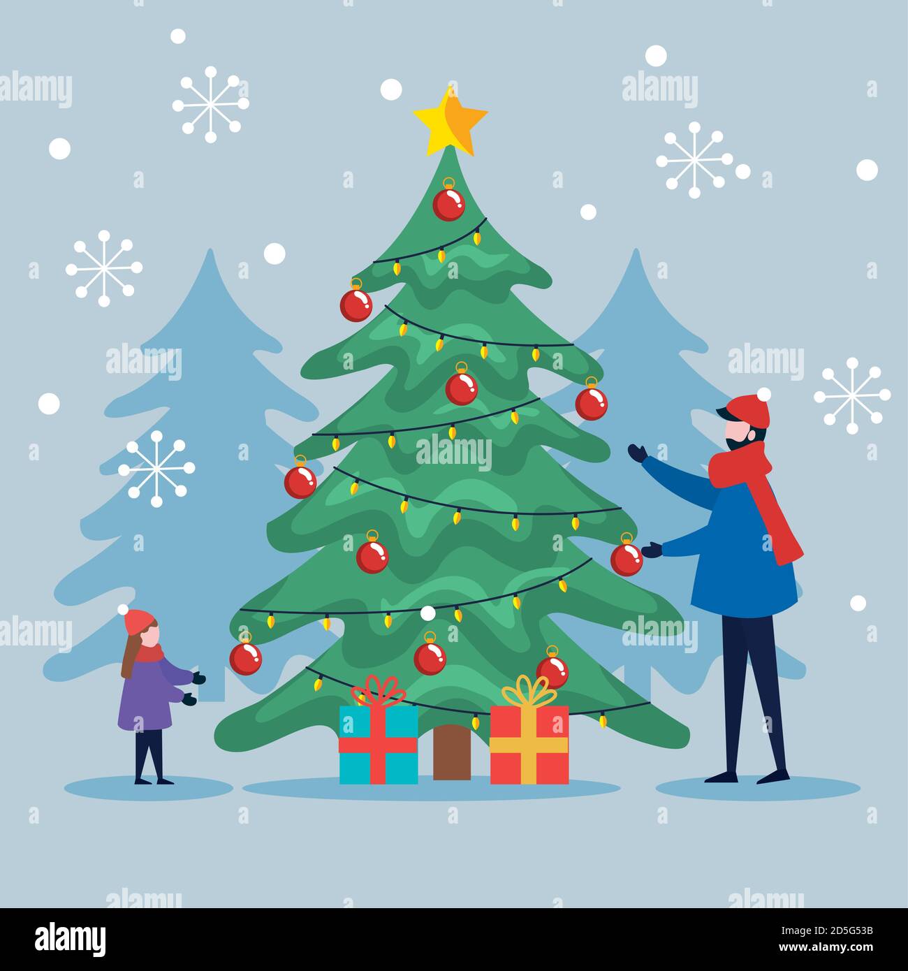 merry christmas father and son with pine tree and gifts vector design ...