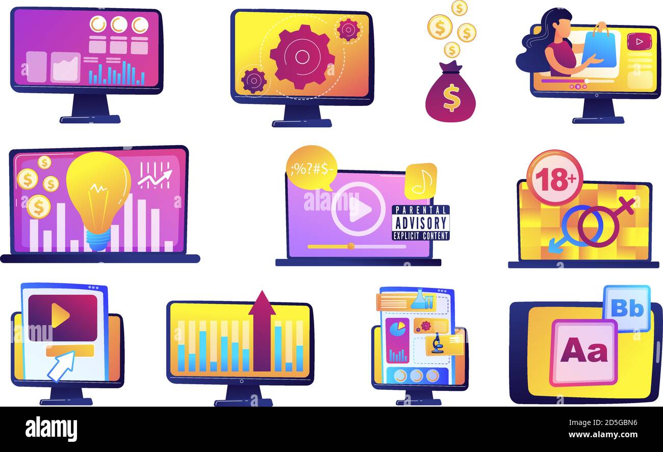Computer and digital content vector illustrations set Stock Vector ...