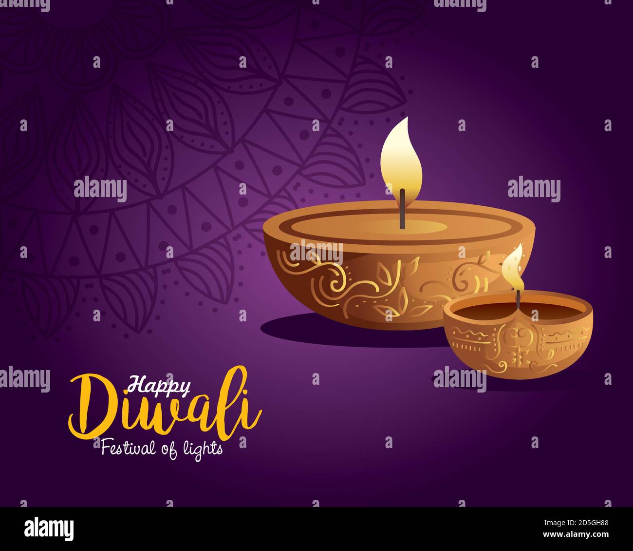 Happy diwali diya candles with mandala on purple background vector ...